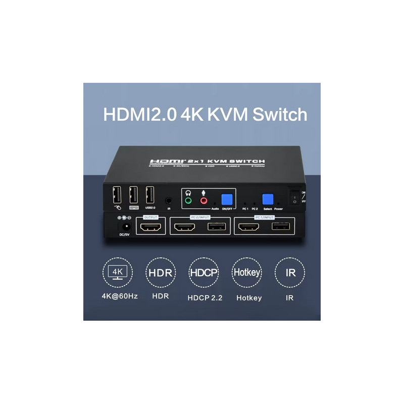 KVM SWITCH 2 X 1 HDMI + USB + AUDIO 4K